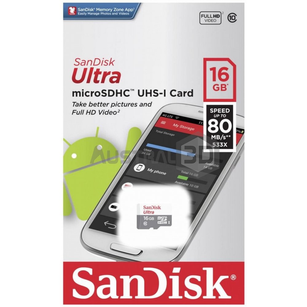 Austral 3D Rosario | Memoria microSD clase 10 sandisk 16GB C10 x80